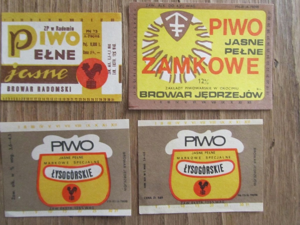 PIWO, zestaw 4 etykiet, Jędrzejów, Radom, PRL - 11700693018 - oficjalne archiwum Allegro