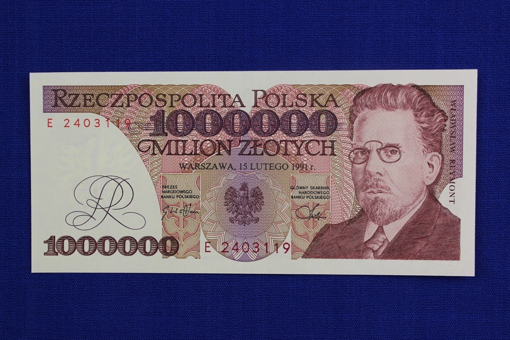 Polski Banknot 1000000 złotych z 1991 roku seria E stan UNC ...