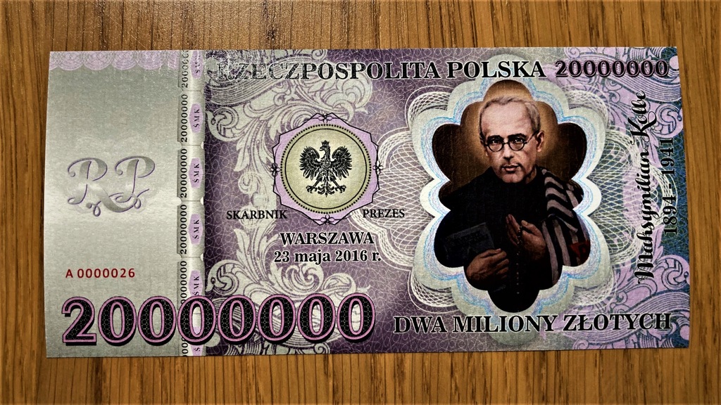 Banknot 20000000 zł Maksymilian Maria Kolbe 2016 - 10466034525 ...