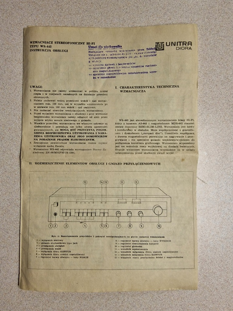 UNITRA DIORA INSTRUKCJA OBSŁUGI WZMACNIACZ STEREOFONICZNY HI-FI TYPU WS-442 - 14978795814 ...