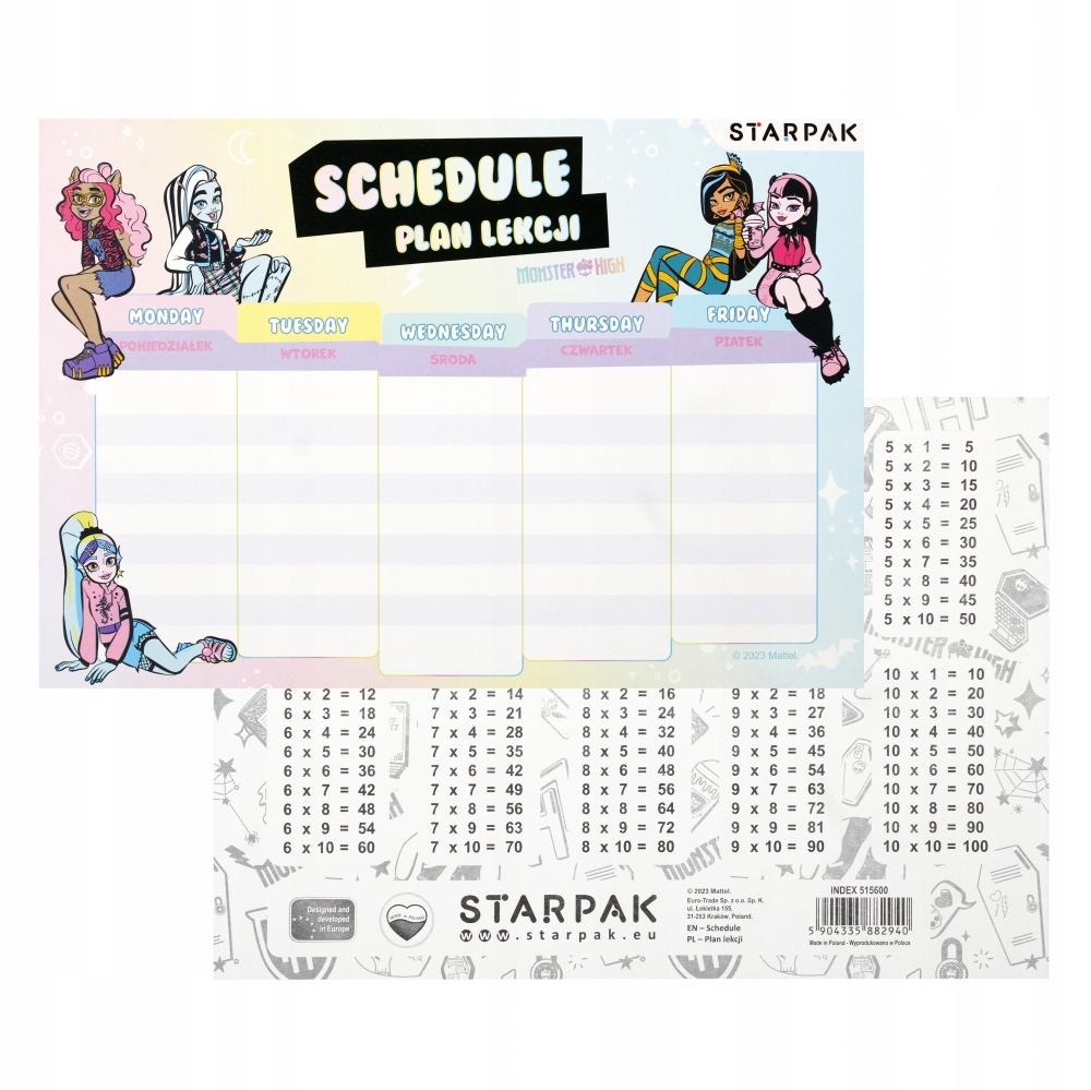 Plan lekcji z tabliczką mnożenia Monster High STARPAK - 14555857540 - oficjalne archiwum Allegro