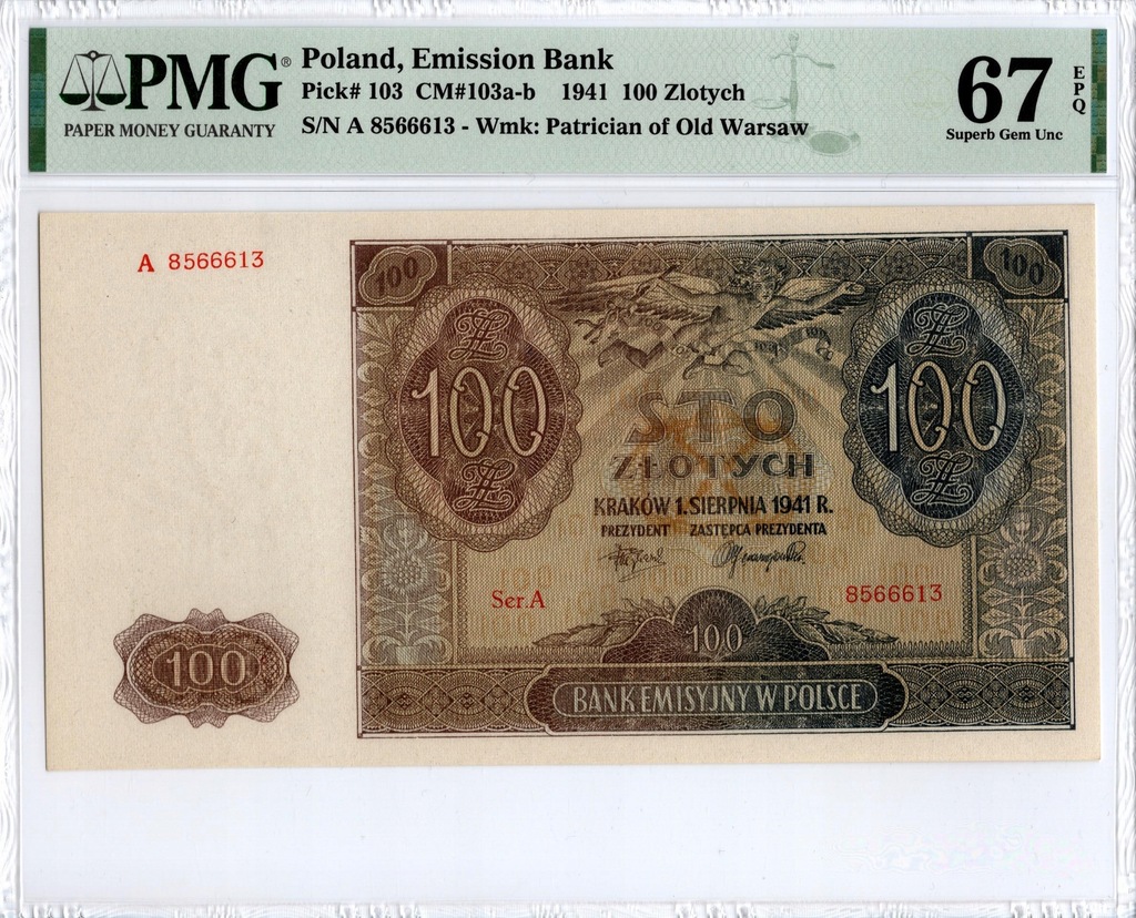 100 zł 1941 r ser A PMG 67 EPQ RZADKOŚĆ MAX NOTA - 13681830746 - oficjalne archiwum Allegro