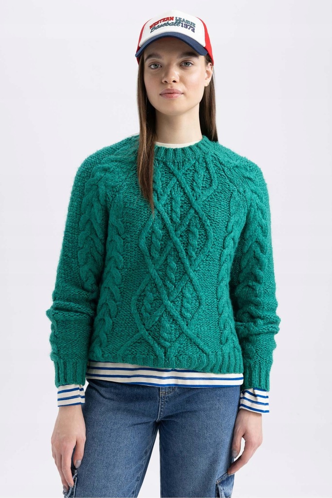 SWETER KLASYCZNY ZIELONY WZÓR WARKOCZ DŁUGI RĘKAW DEFACTO M ...