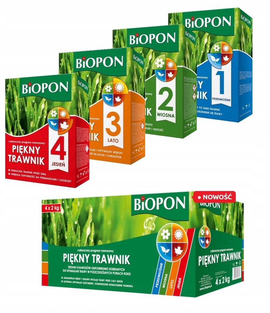NAWOZY DO TRAWY ZESTAW NA CAŁY ROK BIOPON 4 x 2kg - 11867705645 - oficjalne archiwum Allegro