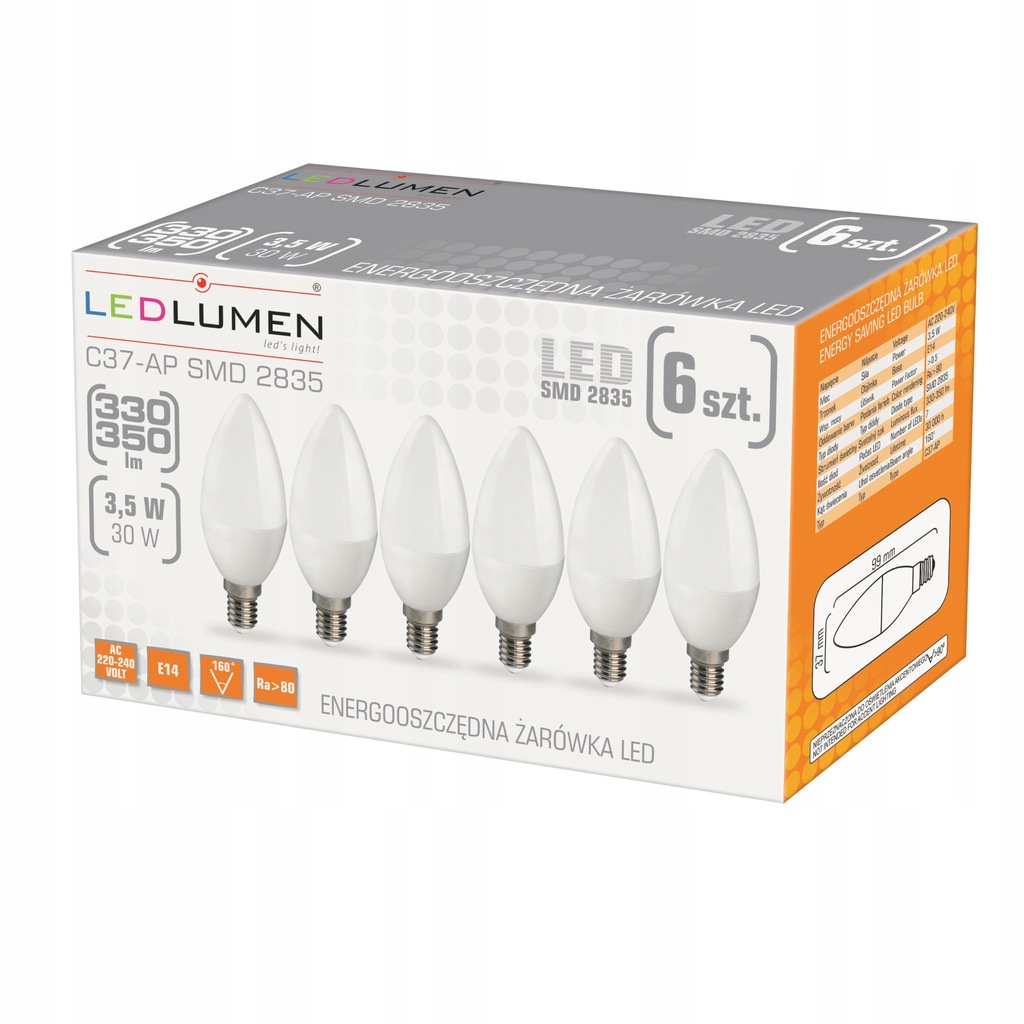 Zestaw 6x Żarówka Led Świeczka E14 30w Ledlumen 8730967492