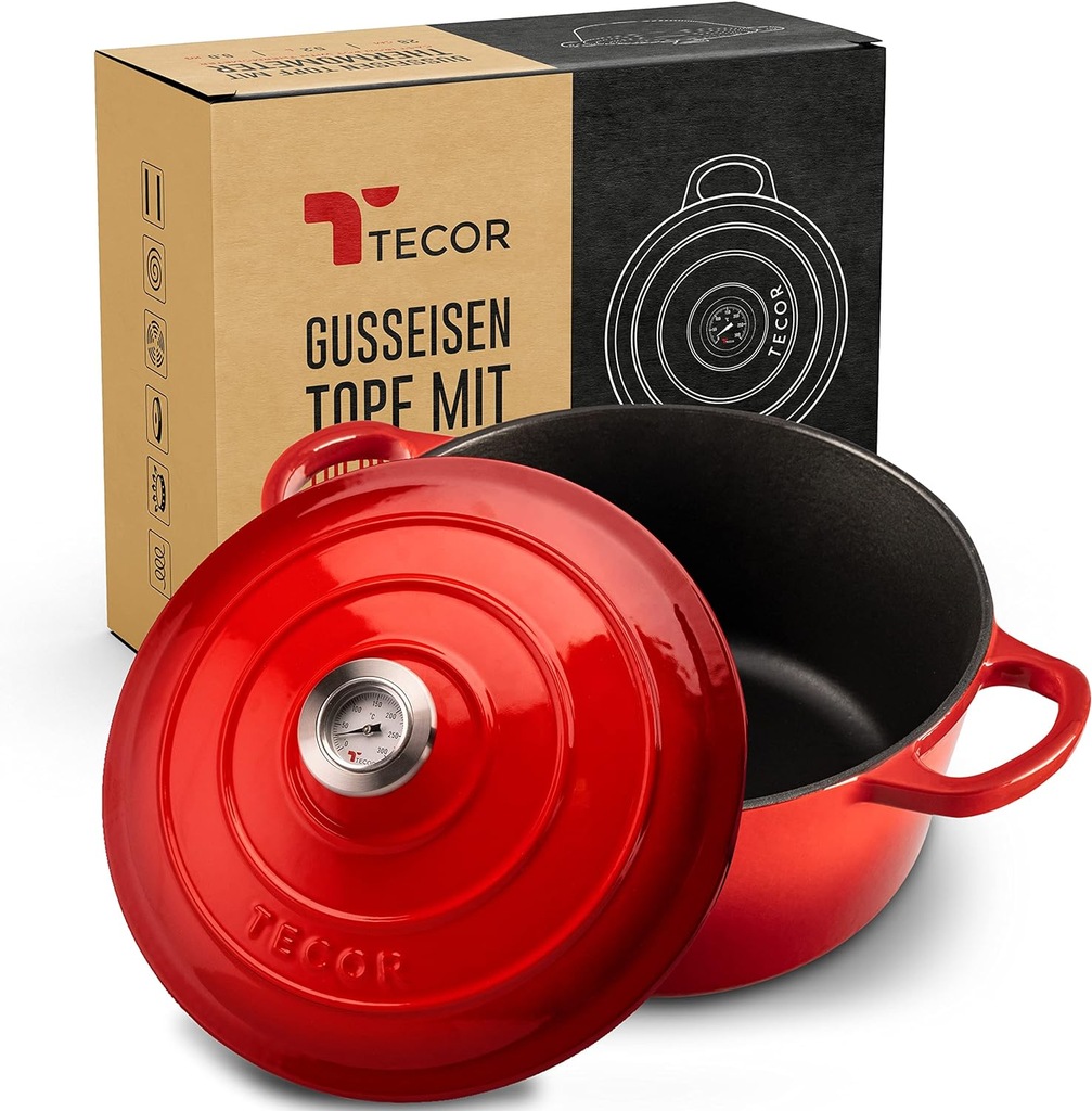 Tecor Garnek Żeliwny z Termometrem w Pokrywie Naczynie Żaroodporne 26 ...