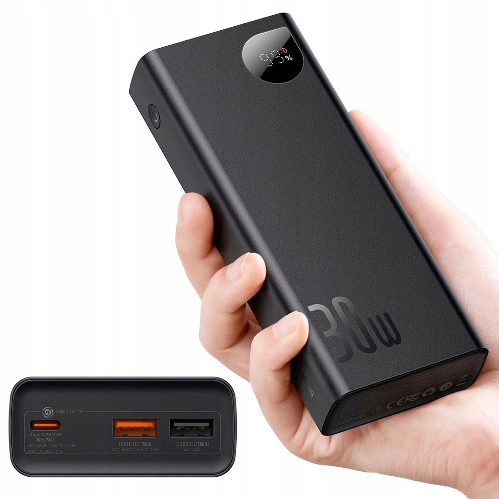 BASEUS MOCNY POWERBANK 20000mAh 30W + kabel USB C - 12360577788 - oficjalne archiwum Allegro