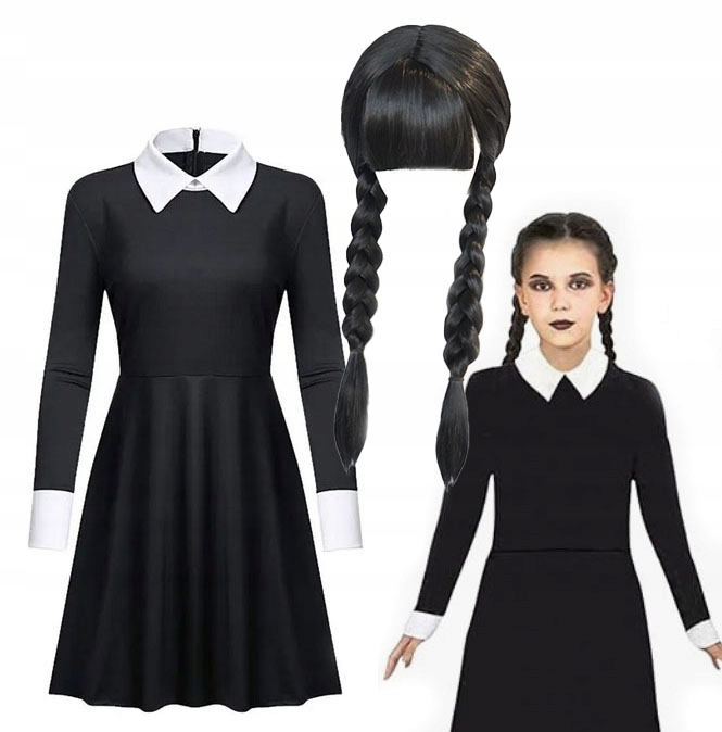Kostium 128 -134 + PERUKA STRÓJ NA BAL SUKIENKA WEDNESDAY ADDAMS PRZEBRANIE - 14988799983 ...