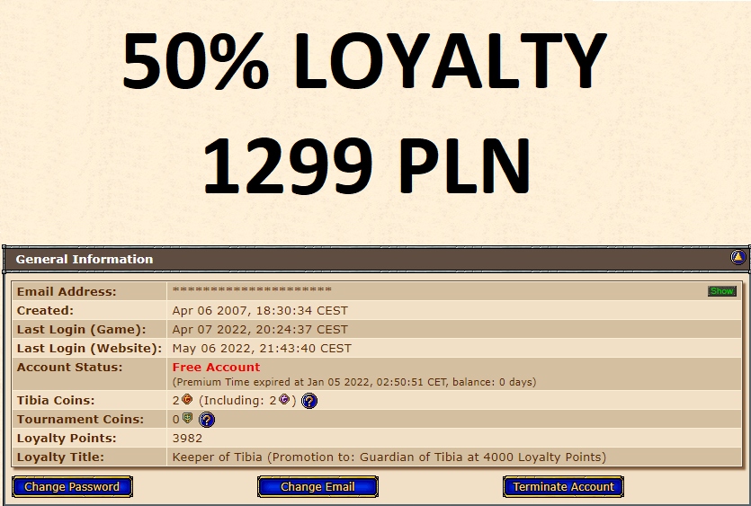 TIBIA KONTO 50% LOYALTY LOYALITY 3982PKT NAJTANIEJ - 12134026518 ...