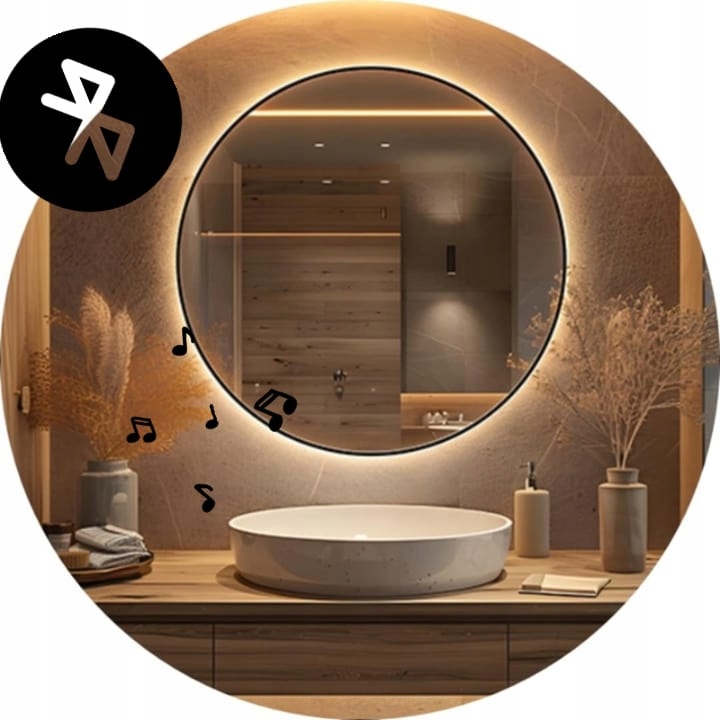 LUSTRO OKRĄGŁE 80CM LED Z GŁOŚNIKIEM BLUETOOTH CZARNA ALUMINIOWA RAMKA ...