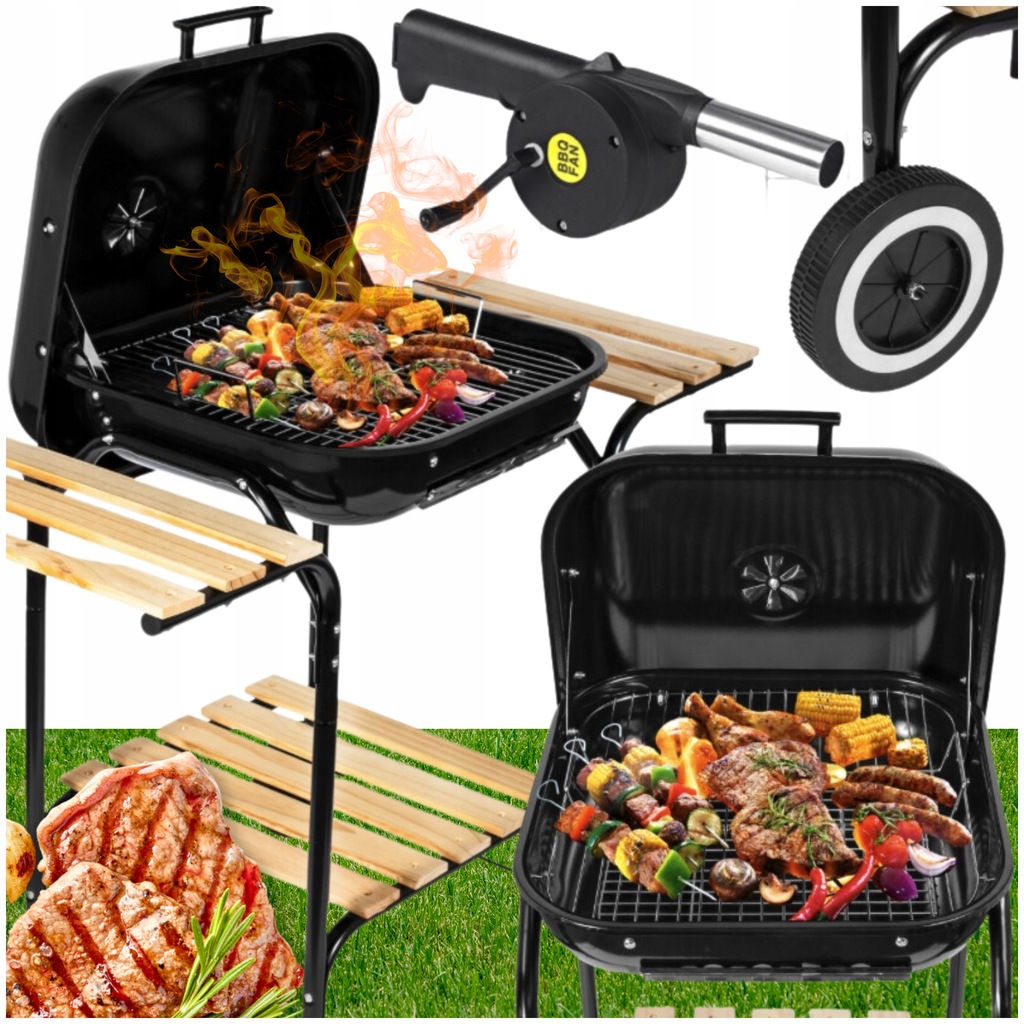 GRILL WĘGLOWY Z POKRYWĄ OGRODOWY DUŻY CHROMOWANY RUSZT PÓŁKI KÓŁKA ...