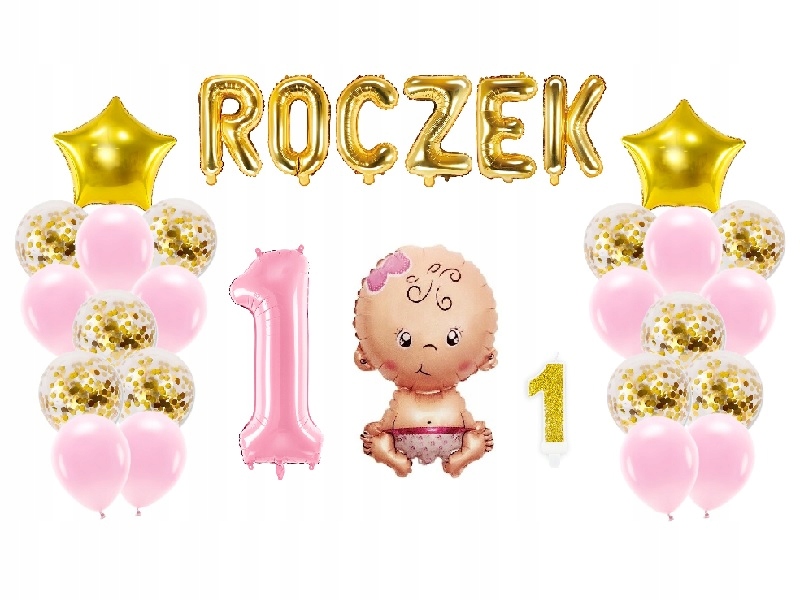 Balony na Roczek dziewczynki dekoracje Duży zestaw - 9222690644 ...