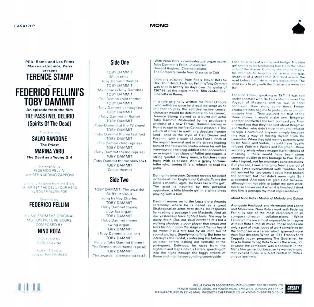 Купить САУНДТРЕК TOBY DAMMIT (НИНО РОТА+ФЕДЕРИКО ФЕЛЛИНИ): отзывы, фото ...