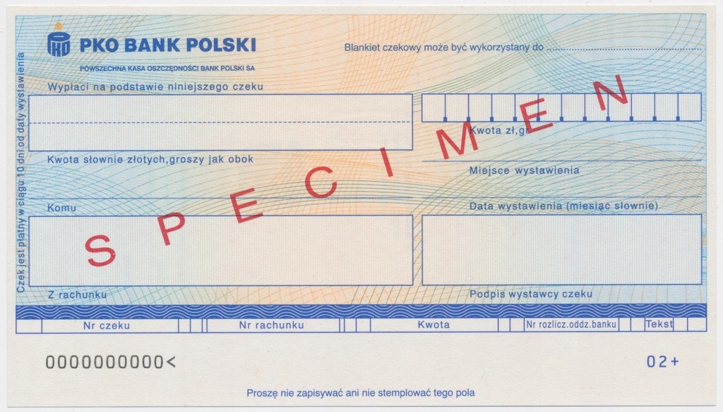 3917. Czek SPECIMEN PKO Bank Polski - 15509569530 - oficjalne archiwum ...