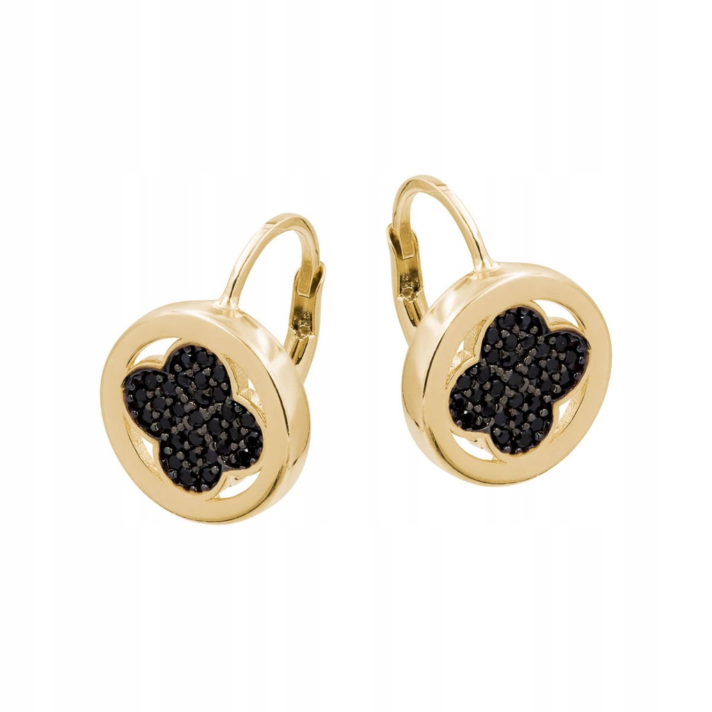 Złote kolczyki czarne koniczyny z cyrkoniami 585 - 13426418287 ...