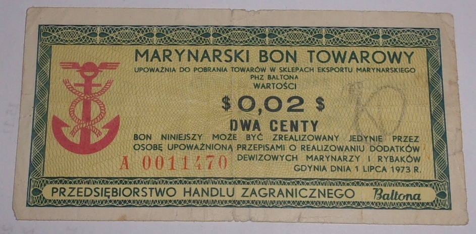 2 centy BALTONA marynarski bon towarowy 0,02 $ - dolar PRL banknot 1973 ...