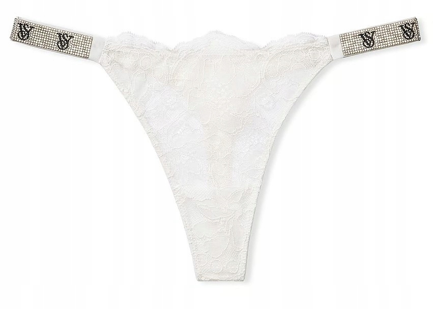 Stringi Victoria's Secret koronkowe z błyszczącymi cyrkoniami białe S ...