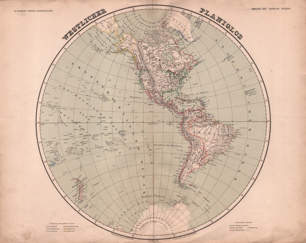 MAPA ŚWIATA PLANIGLOB ZACHODNI 1860 r. ORYGINAŁ - 9233264282 ...
