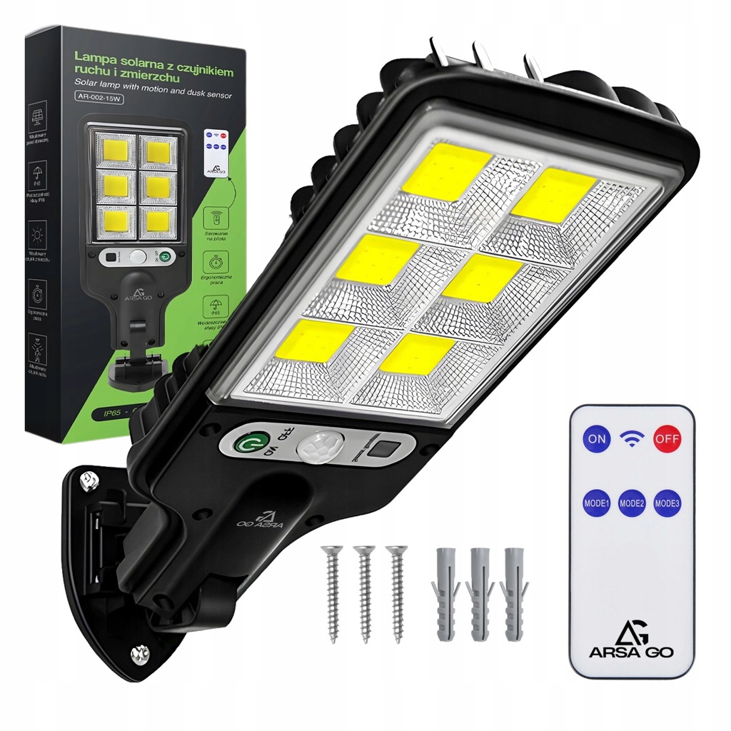 LAMPA SOLARNA LED MOCNA OGRODOWA ULICZNA CZUJNIK RUCHU ZMIERZCHU + PILOT - 17495984352 ...