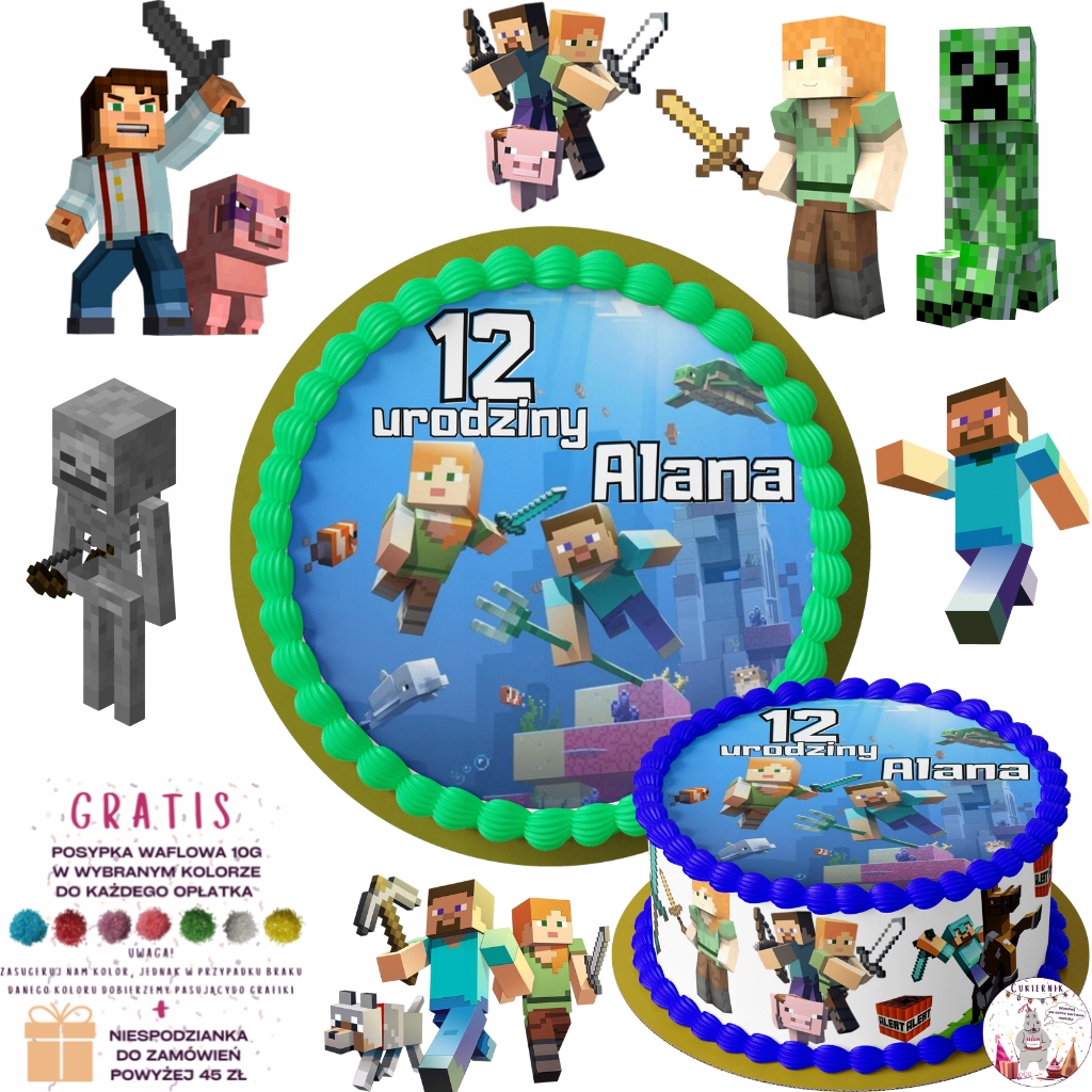 OPŁATEK NA TORT 20CM MINECRAFT + 7 POSTACI TOPPER - 12913537581 ...