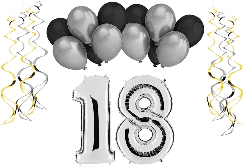 BALON URODZINY ZESTAW SREBRNY OSIEMNASTKA 18 PARTY - 7434886280 - oficjalne archiwum Allegro