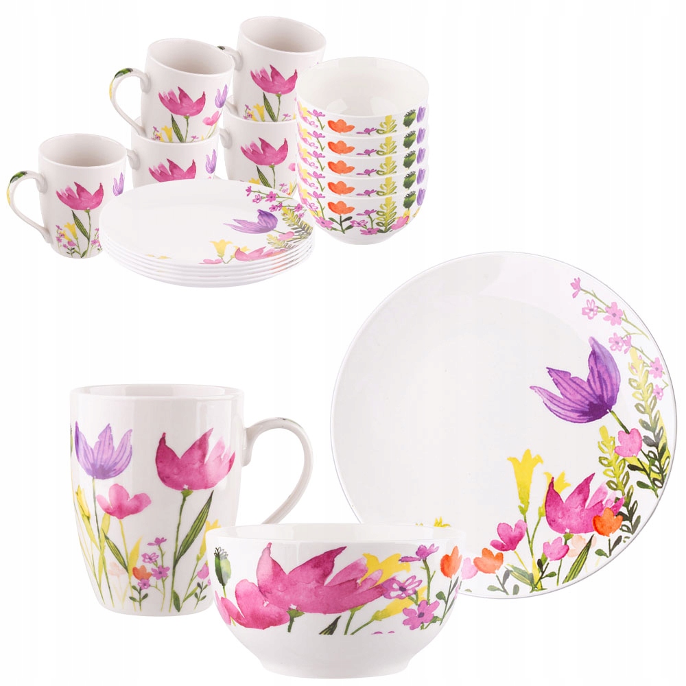 SERWIS ZESTAW ŚNIADANIOWY KUBKI TALERZE MISKI 18el - 12087122113 ...