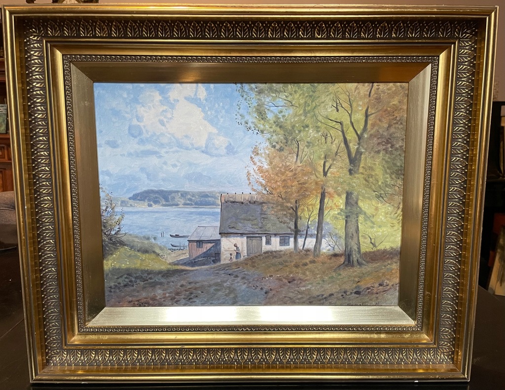 Stary obraz olejny - duński malarz - Niels Walseth matka z dzieckiem ...