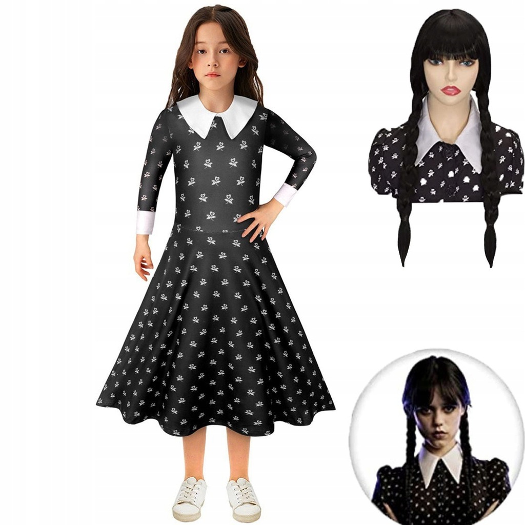 Wednesday Addams Kostium Sukienki Z Peruką,130-140 - 13371190165 - oficjalne archiwum Allegro