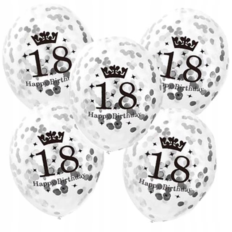 Balony 18 urodziny KONFETTI srebrne osiemnastka x5 - 9559604331 - oficjalne archiwum Allegro