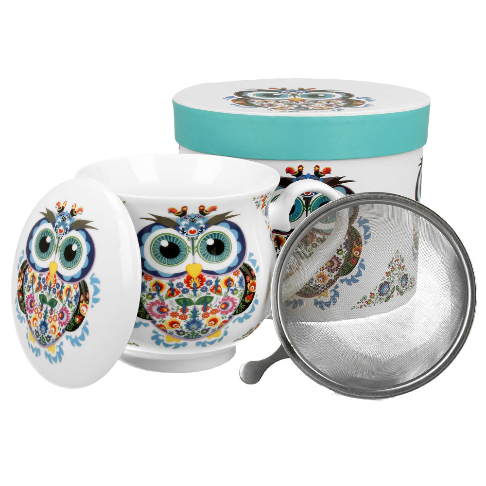 KUBEK RETRO Z ZAPARZACZEM POKRYWKĄ 480ML SOWA ETNO - 11865926228 - oficjalne archiwum Allegro