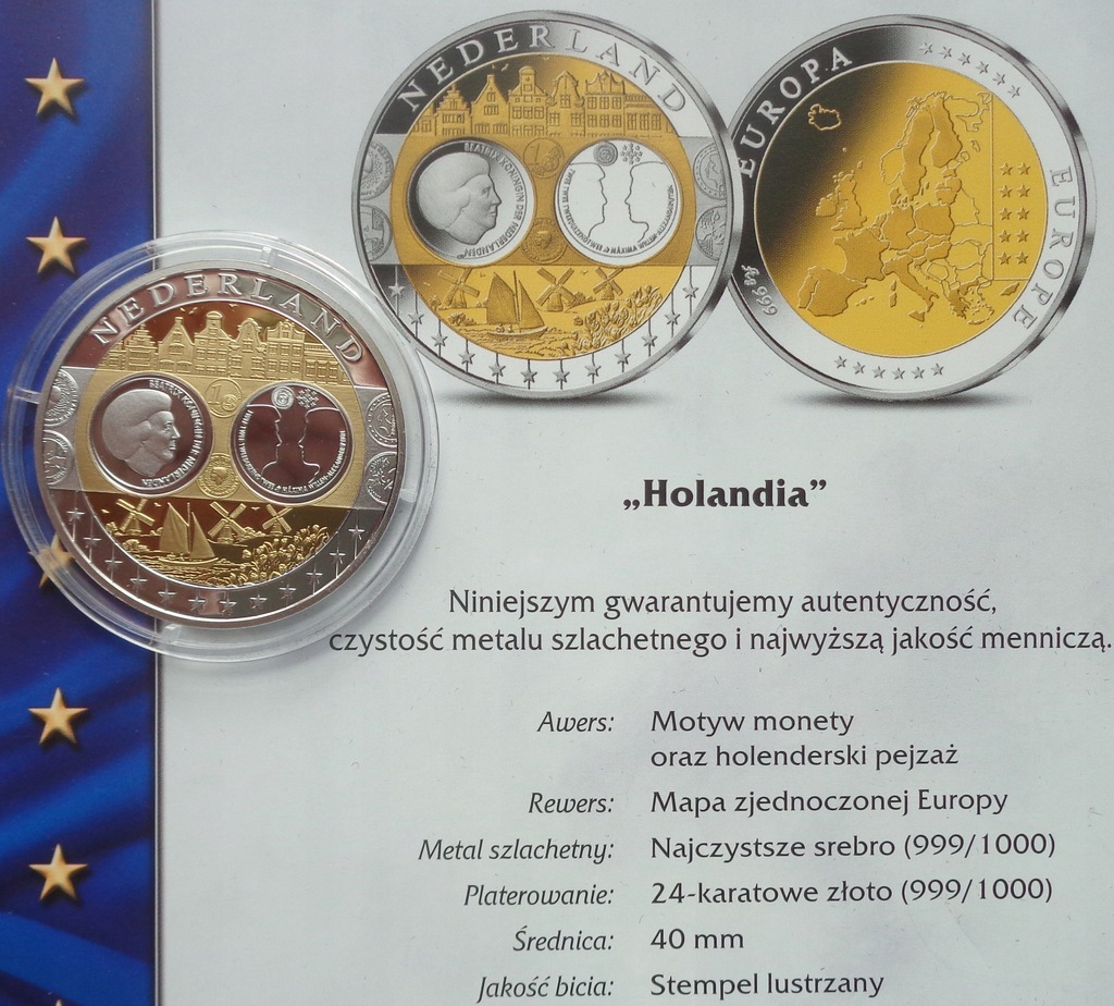 KOLEKCJA : EURO - WSPÓLNA WALUTA EUROPY - HOLANDIA - srebro 999 - 8/8 ...