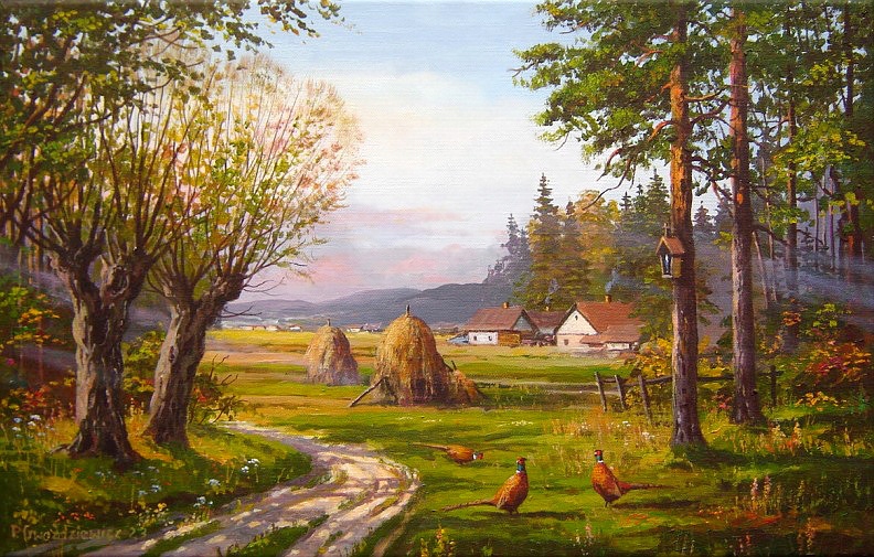 Gwoździewicz-obraz ** DROGA DO WSI - BAŻANTY ** 50X32 # - 14446100008 ...