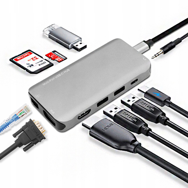 STACJA DOKUJĄCA HUB USB-C 10w1 VGA RJ45 HDMI 4K - 11716317054 - oficjalne archiwum Allegro