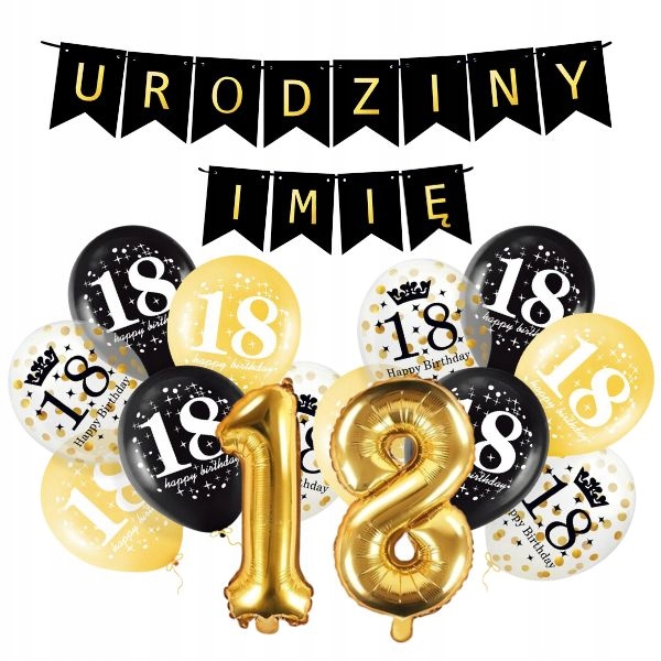 Balony na 18 urodziny złote czarne baner IMIĘ dekoracje ozdoby zestaw 35cm - 15211960161 ...