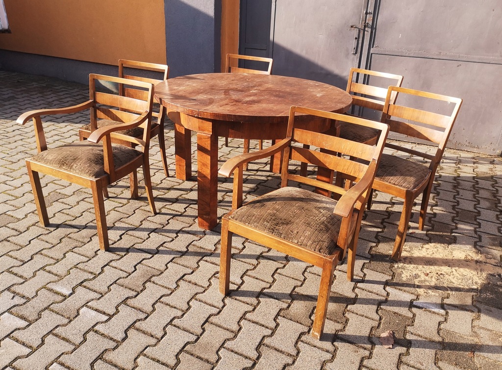 Stół 2 Fotele 4 Krzesła, polskie Art Deco - orzech - 13226895693 ... Stół 2 Fotele 4 Krzesła, polskie Art Deco - orzech - 13226895693 ...