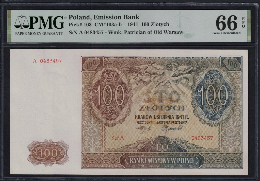 100 Złotych Polska 1941 PMG 66 EPQ Seria A - 13877129457 - oficjalne archiwum Allegro