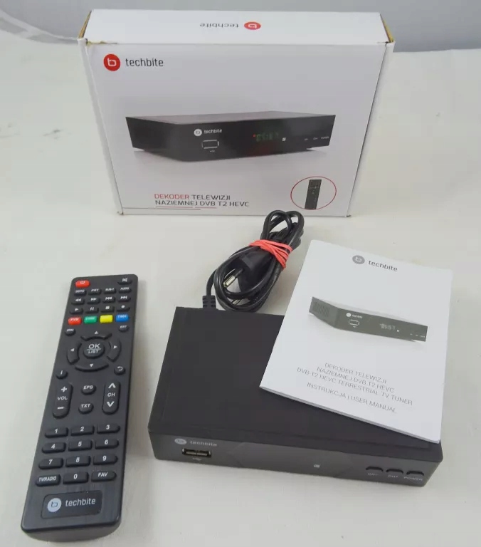 DEKODER TUNER DVB-T2 TECHBITE EV-1424 KOMPLET - 12702919150 - oficjalne archiwum Allegro
