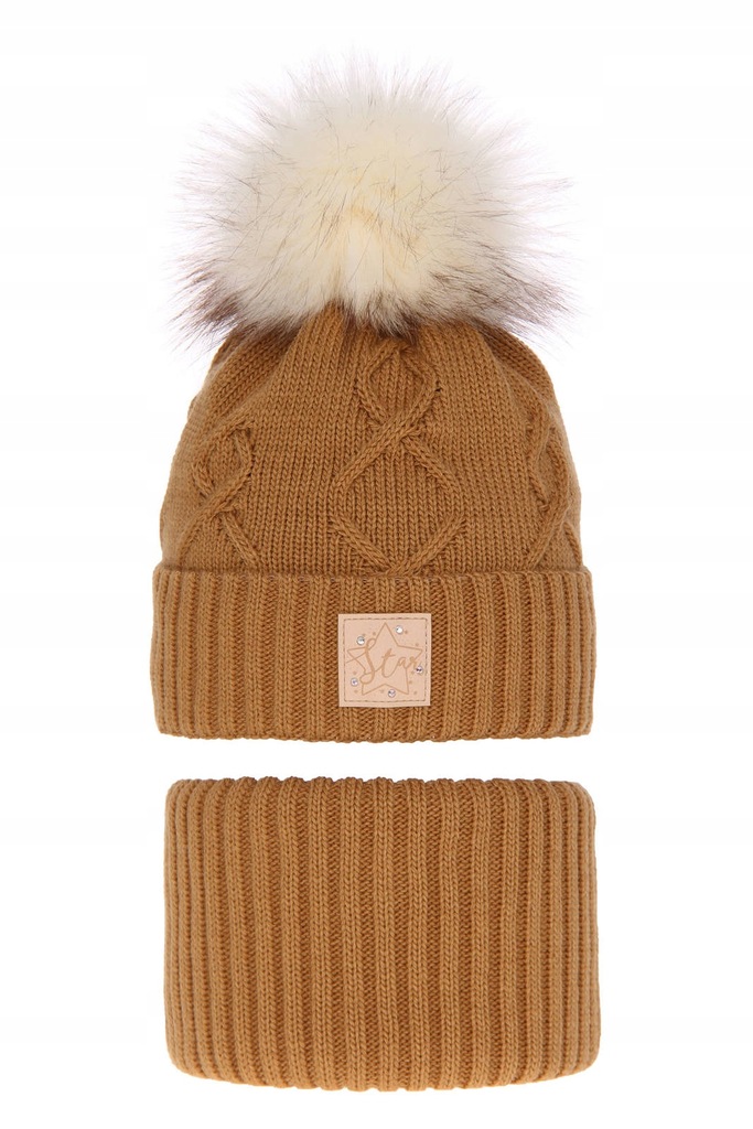 KOMPLET czapka i komin wzór pompon camel 48-50 - 12807207179 ...