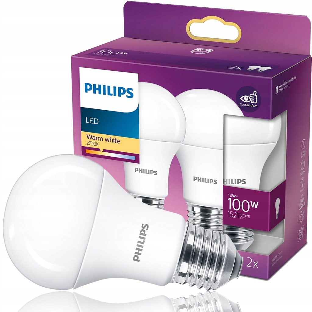 PHILIPS ZESTAW 2x Żarówka LED E27 13W = 100W 2700K CIEPŁA BIAŁA 1521lm A60 - 16162958836 ...
