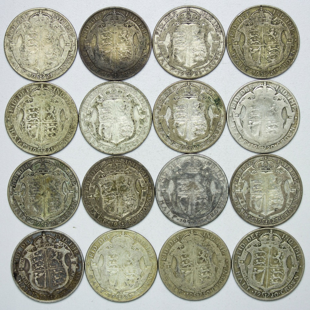 Wielka Brytania 1/2 korony 1916-1927, Jerzy V, Zestaw 16 sztuk ...