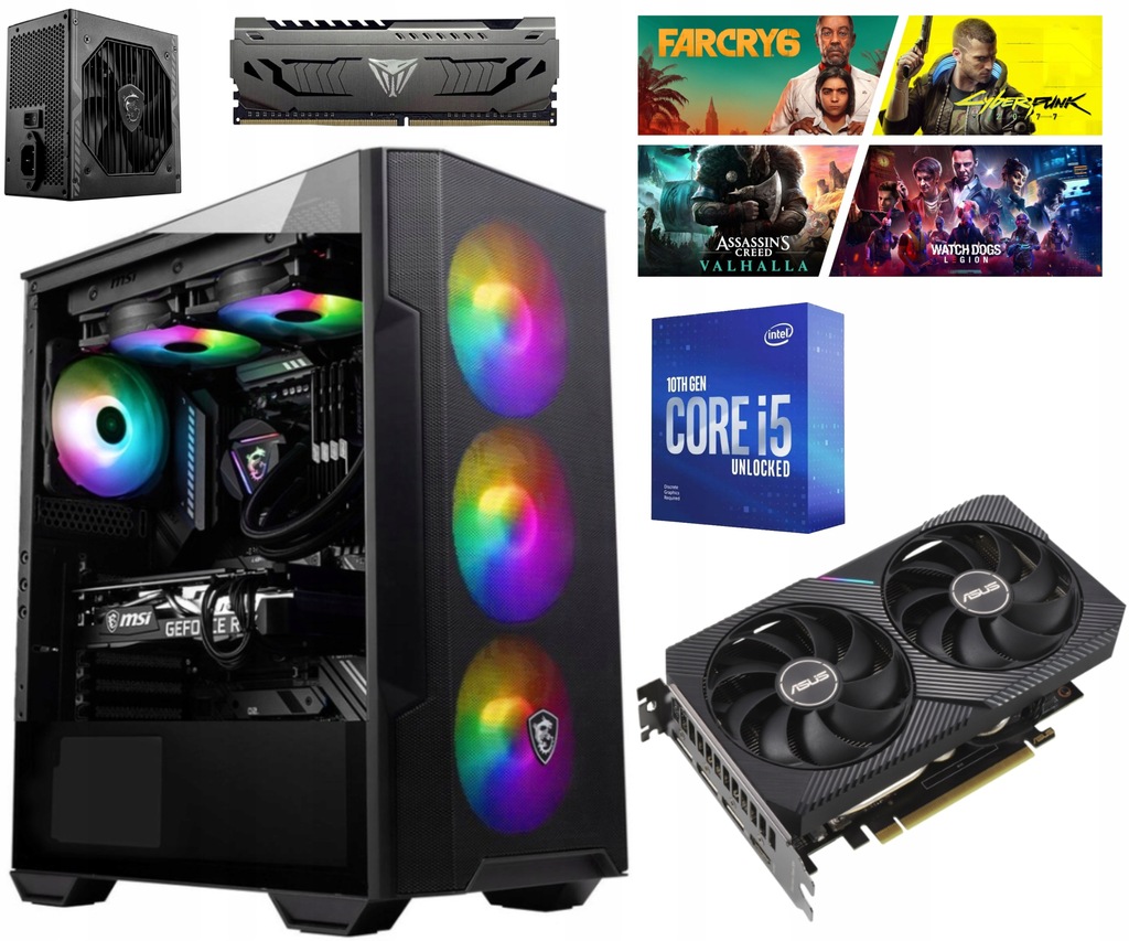 KOMPUTER GAMINGOWY DO GIER PRACY NAUKI i5 10400F/16GB/RTX 3060/SSD/RGB ...