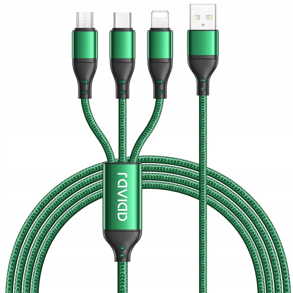 RAVIAD 3w1 MULTI KABEL USB 3 KOŃCÓWKI 1.2M ZIELONY PLECIONY ...
