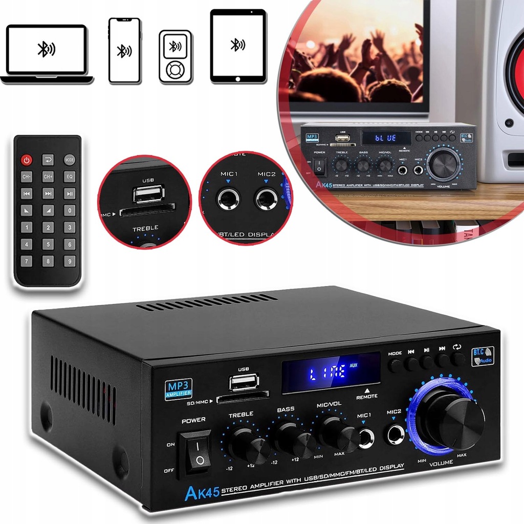 WZMACNIACZ BLUETOOTH HIFI STEREO, 2-KANAŁOWY WZMACNIACZ AUDIO CYFROWY - 16404805727 - oficjalne ...