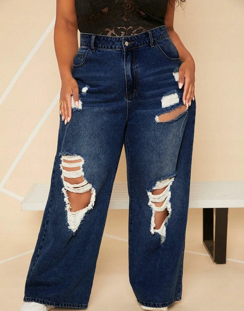 NIEBIESKIE SPODNIE JEANSOWE DŁUGIE SZEROKIE NOGAWKI Z DZIURAMI SHEIN 60 - 16725138409 ...