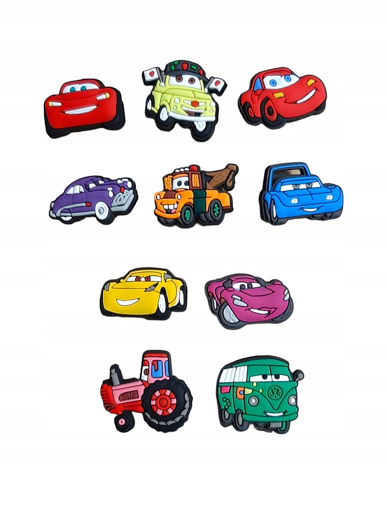 10 szt CHARMS DO CROCS AUTA BAJKA PRZYPINKI SAMOCHODY Zygzak McQueen ...