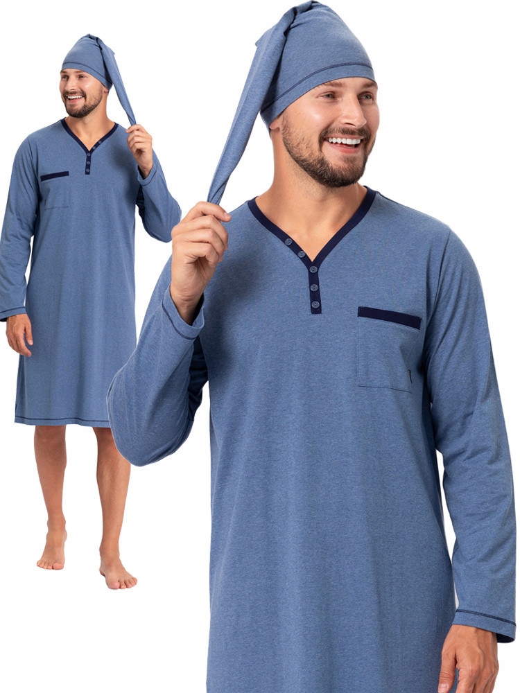 Męska koszula nocna ze szlafmycą BONIFACY nieb XL - 12867158736 - oficjalne archiwum Allegro