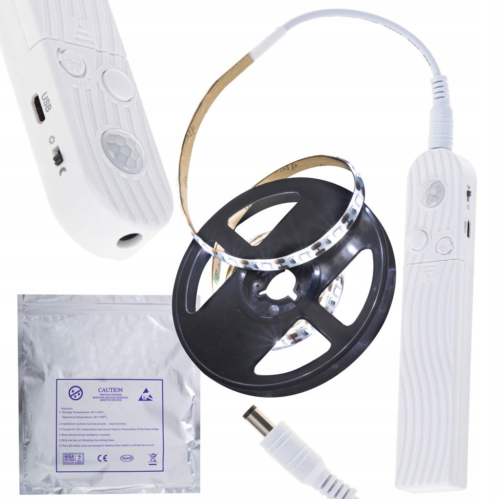 TAŚMA LED NA BATERIE USB CZUJNIK RUCHU 1M ZIMNY BI - 13352297016 ...