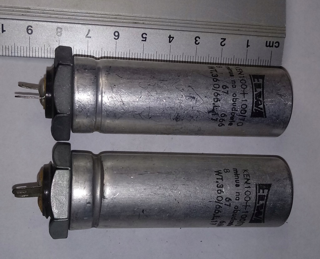 Kondensator elektrolit ELWA KEN 100uF + 100uF 70V - 13046126109 - oficjalne archiwum Allegro