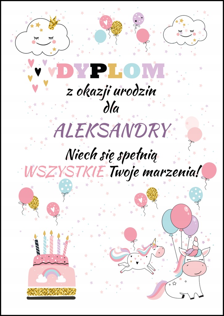 Dyplom na urodziny z IMIENIEM Zabawa urodzinowa dla dzieci Jednorożec - 14389703666 - oficjalne ...