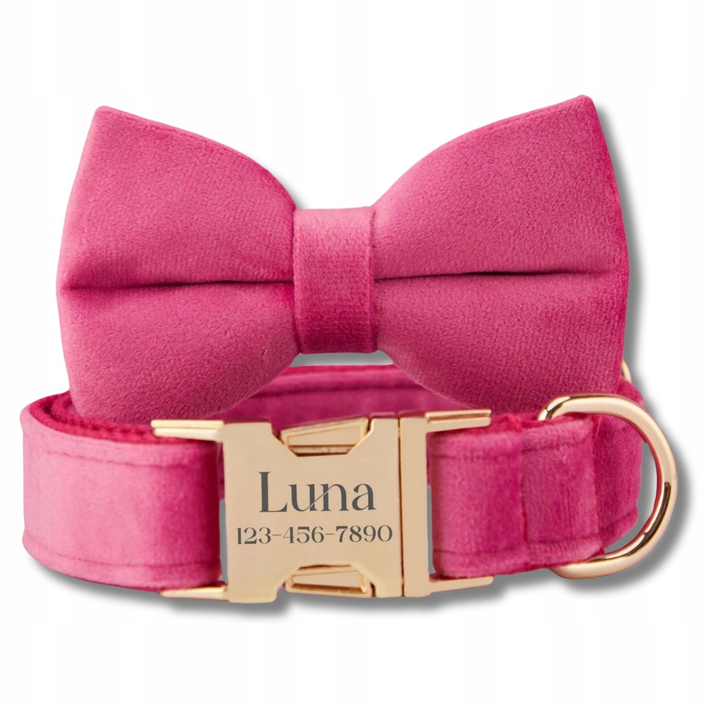 Smycz i Obroża z Kokarda Dla Sredniego Psa z Grawerem Rozowa | Rose Red ...